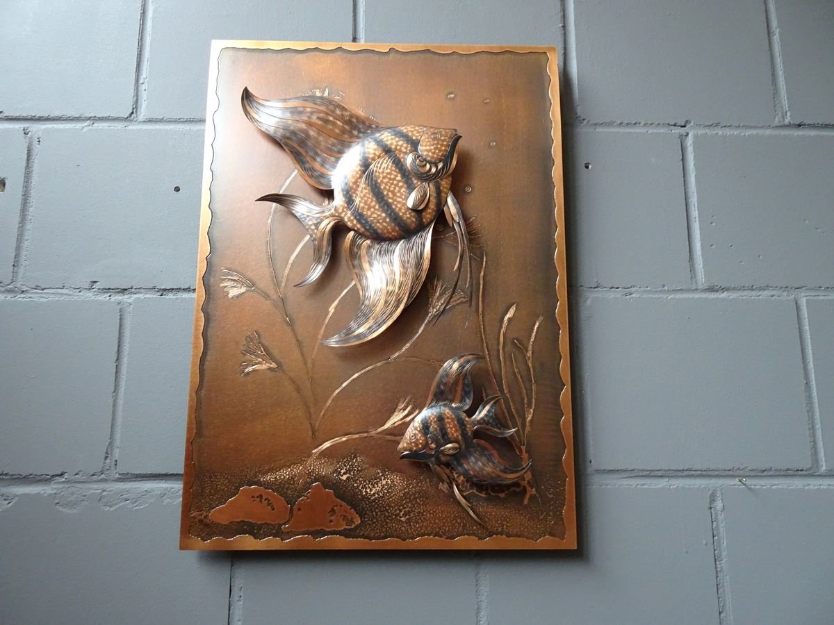 Large Handmade Copper Painting with Fishes, 1960s for sale at Pamono