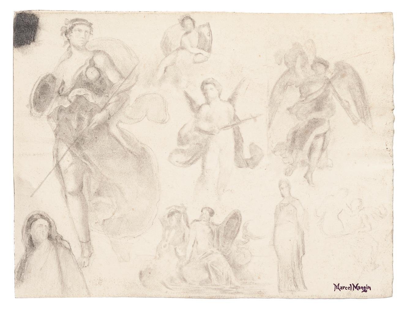 Study of Figures - Original Pencil Drawing by Marcel Mangin - 20th ...