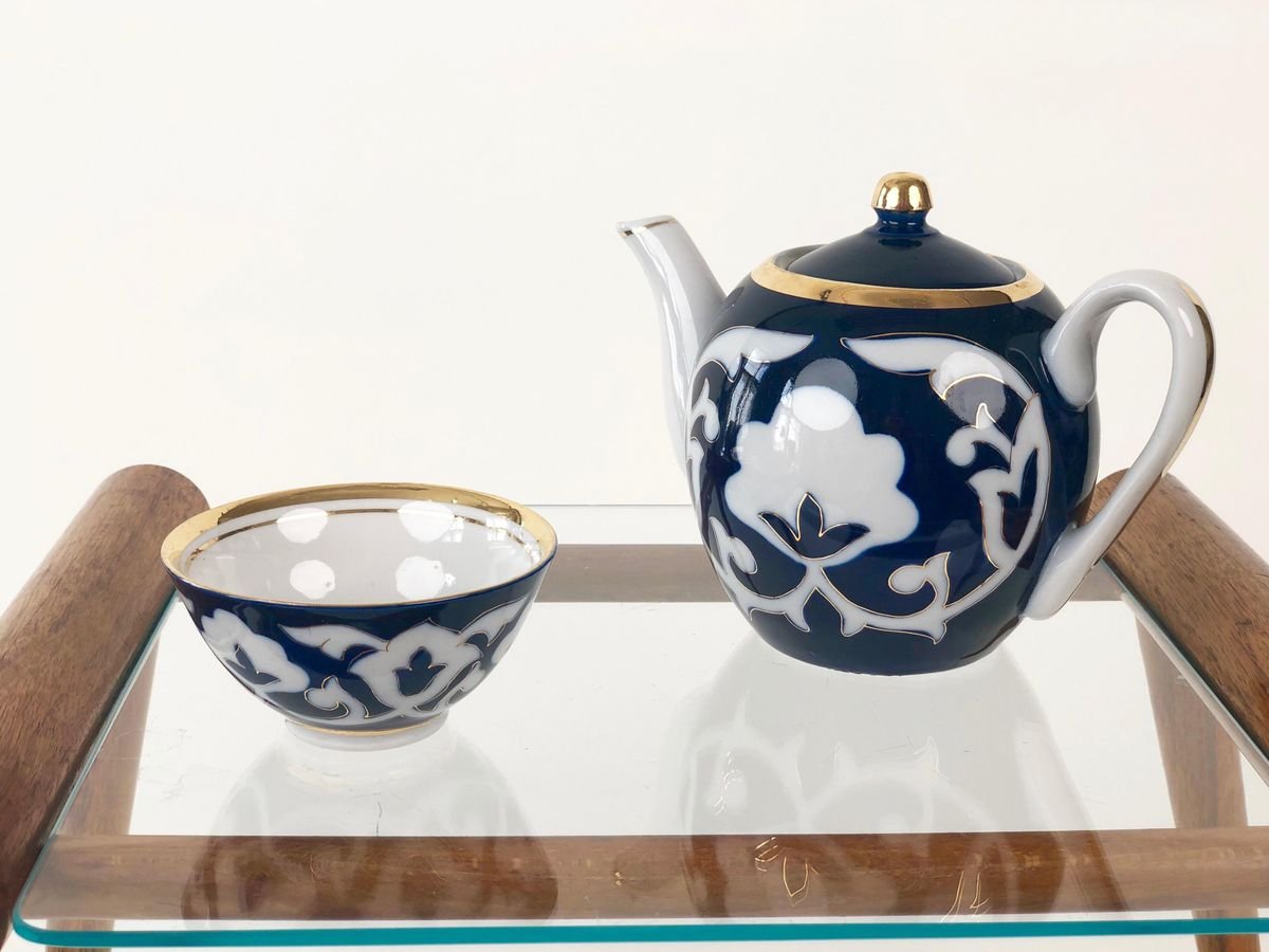 Central Asian Hand-Painted Porcelain Tea Set in Cobalt Blue & Gold ...
