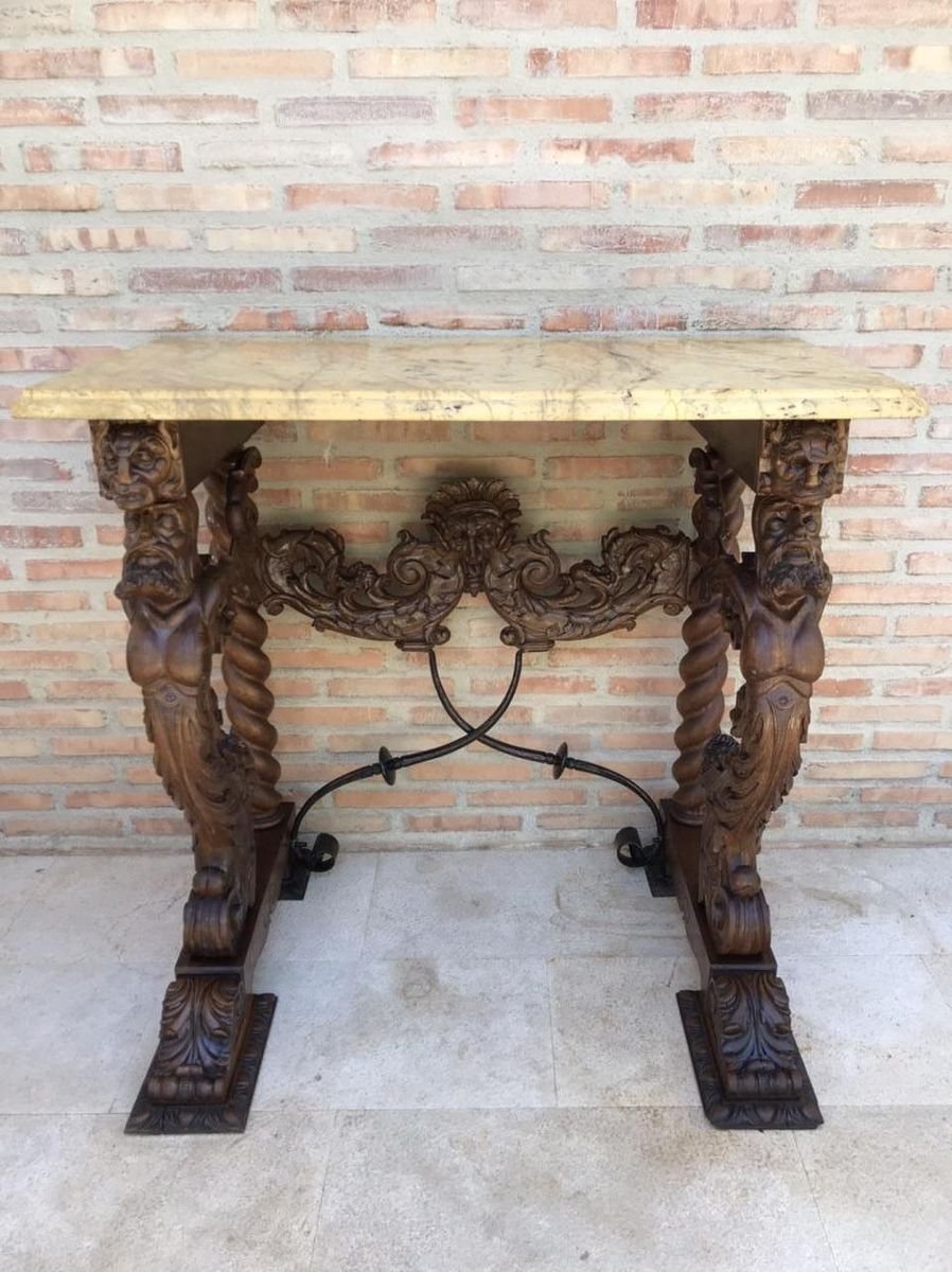 Antique Carved Console Table with Beige Marble Top for sale at Pamono