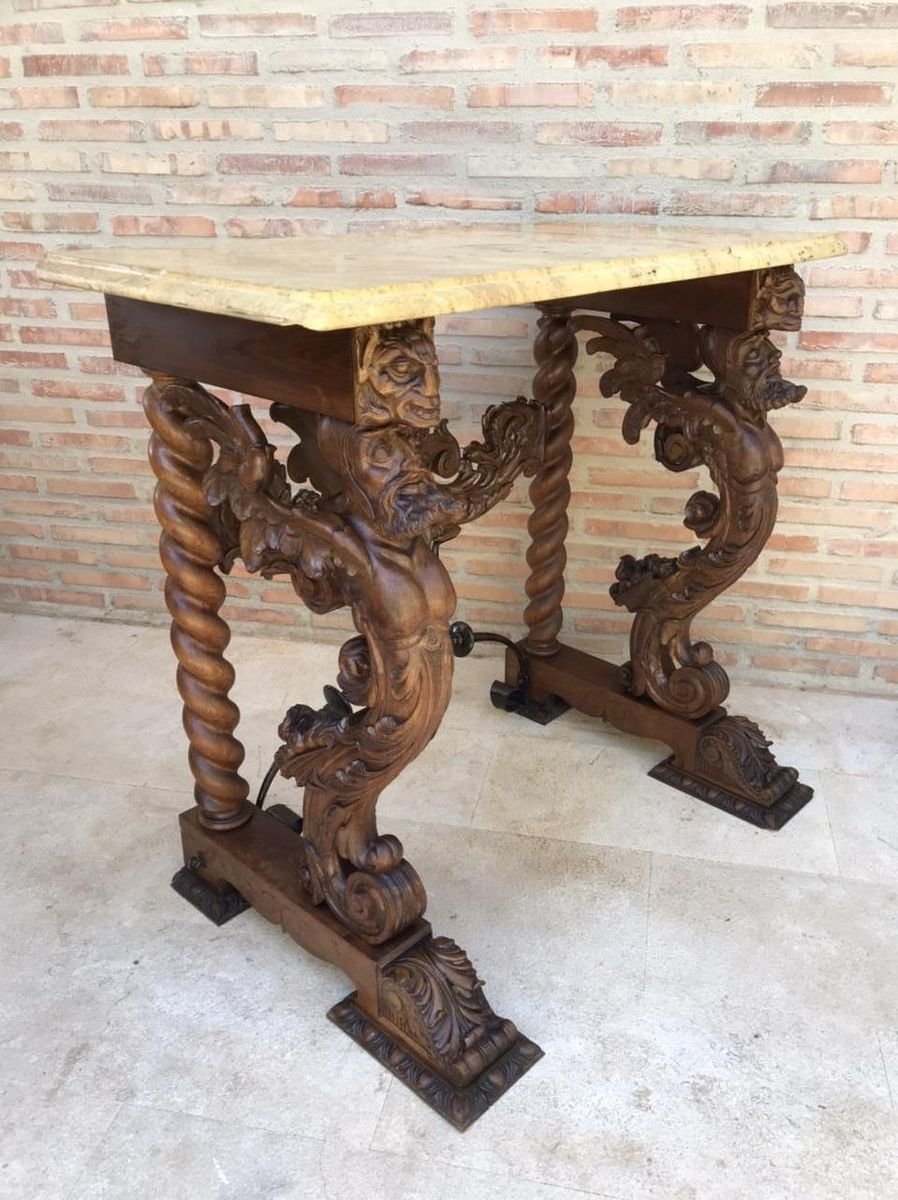 Antique Carved Console Table with Beige Marble Top for sale at Pamono