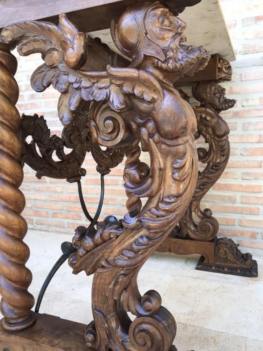 Antique Carved Console Table with Beige Marble Top for sale at Pamono