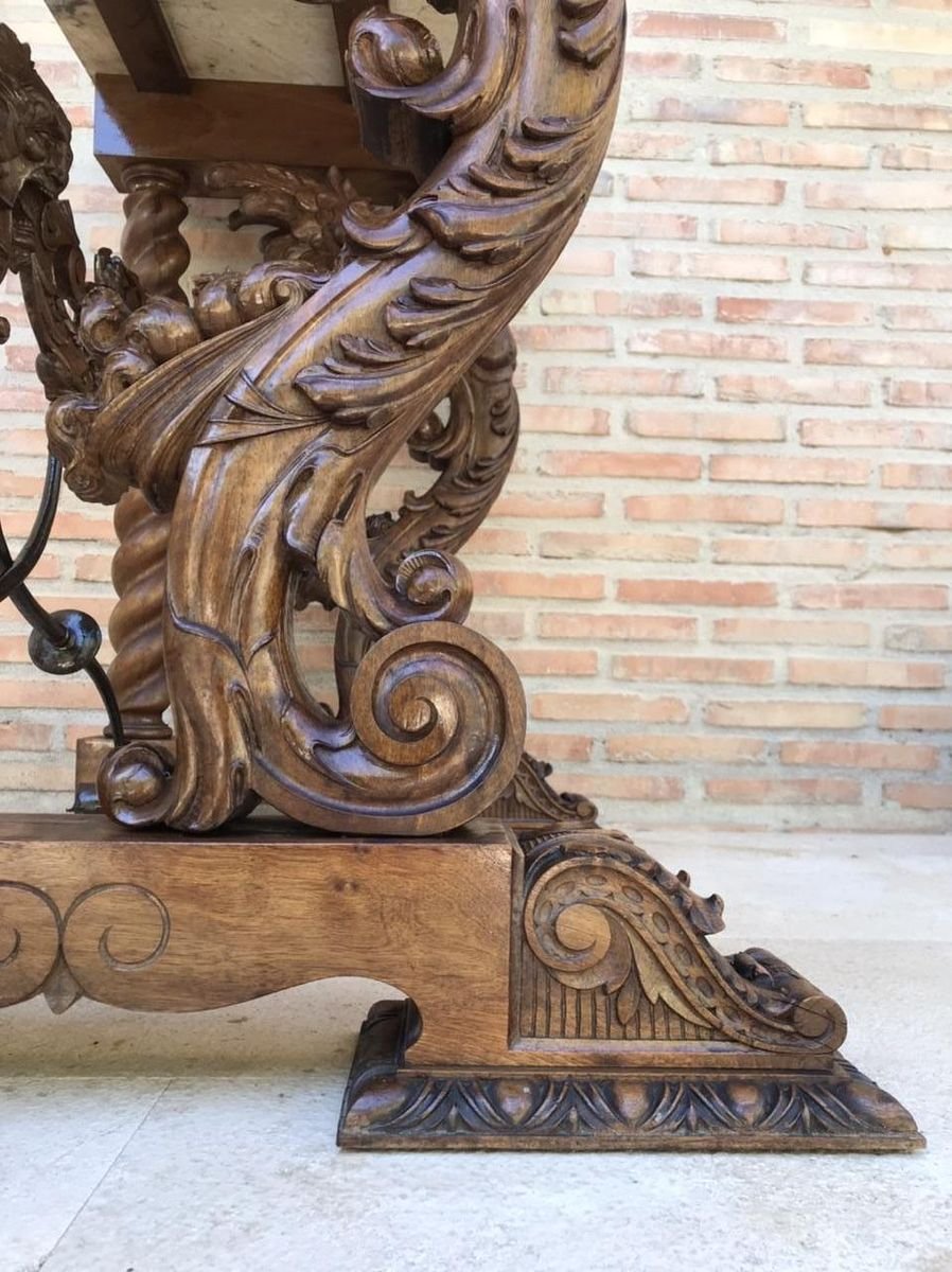 Antique Carved Console Table with Beige Marble Top for sale at Pamono