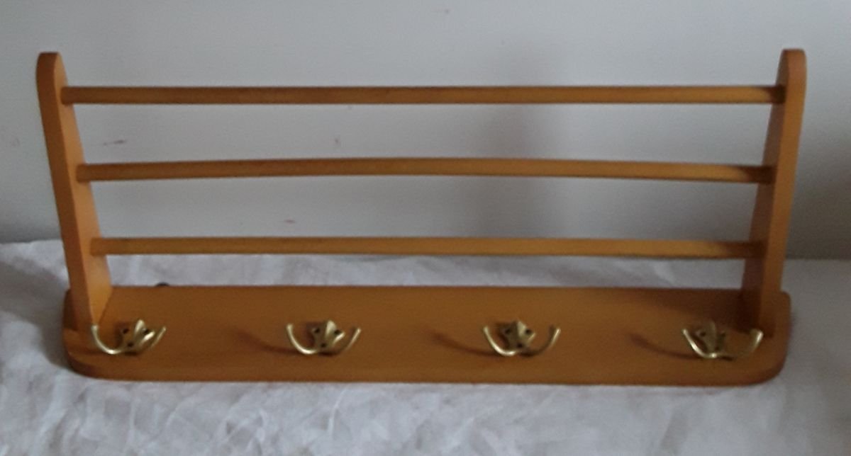German Beech & Brass Wall Rack, 1960s for sale at Pamono