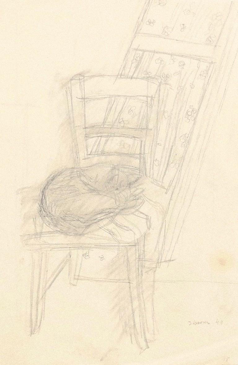 Cat on the Chair - Original Pencil on Paper by Jeanne Daour - 1944 1944 ...