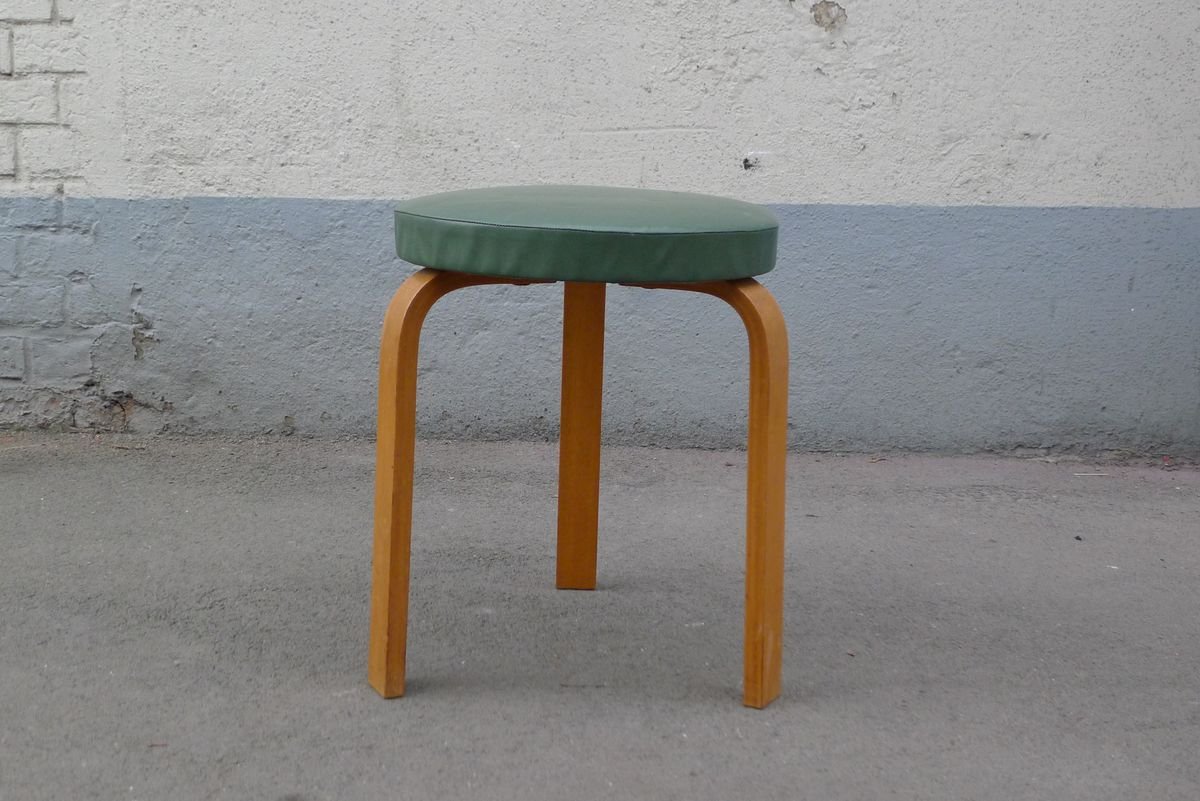 Vintage Minimalist Model 60 Stool with Green Leatherette by Alvar Aalto ...