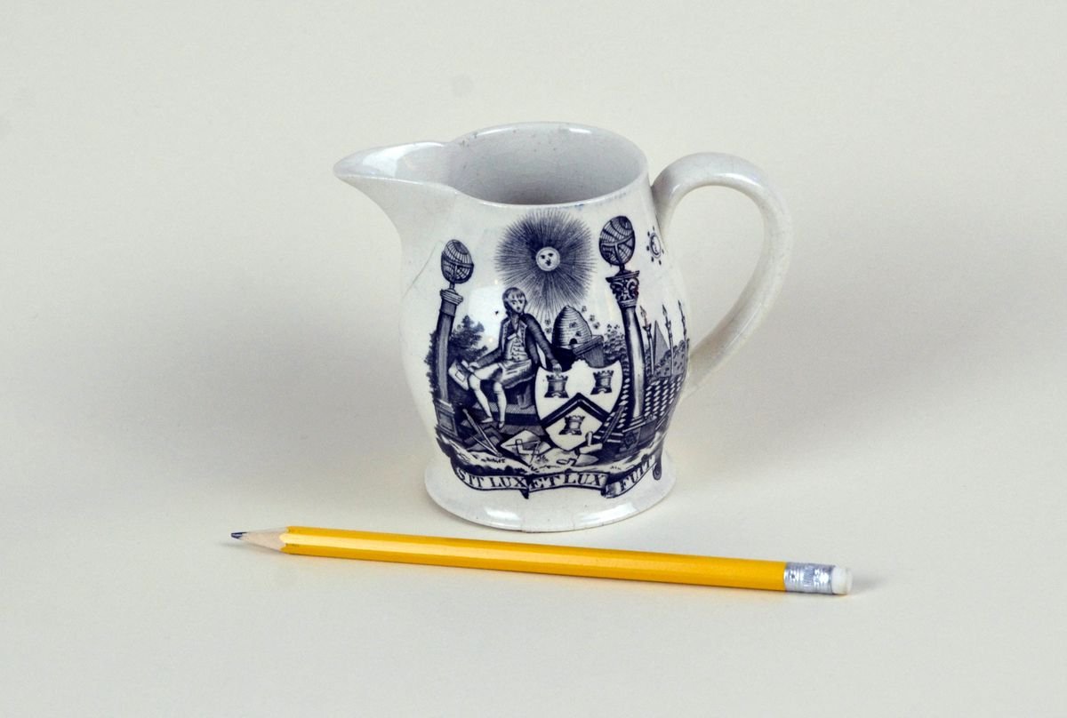 Masonic Creamware Jug with Black Transfer Prints of Masonic Symbols ...