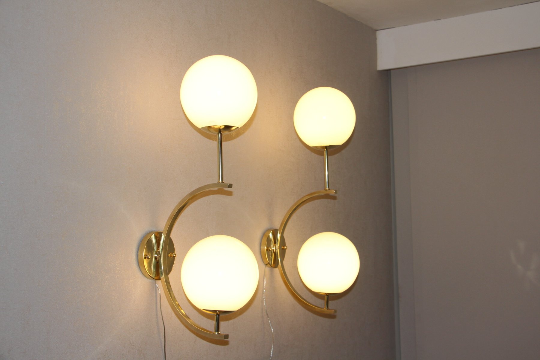Midcentury Modern Italian Brass and White Glass Sconces, 1990s, Set of ...