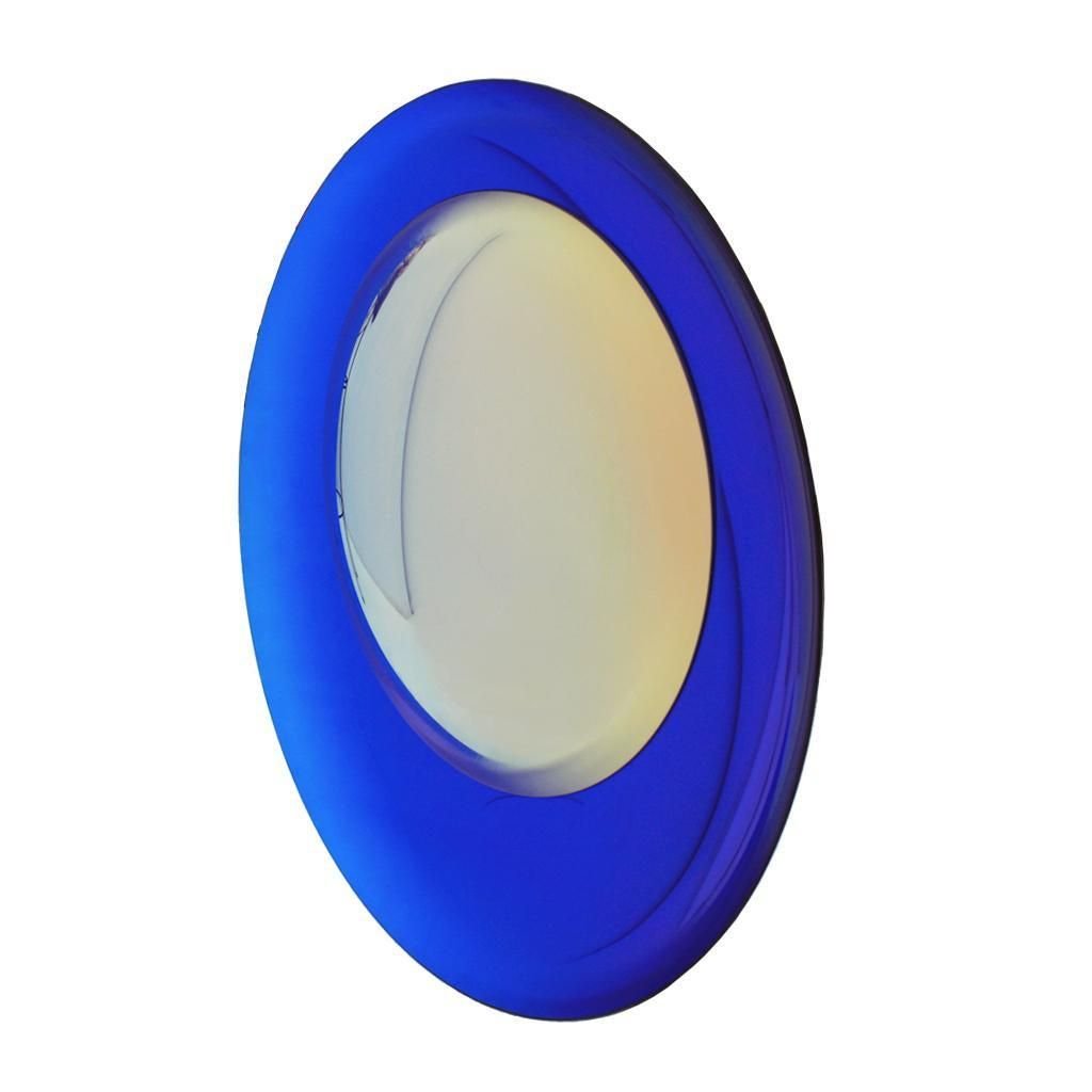 French Modern Sculptural Concave Handmade Yellow and Blue Glass Mirror ...