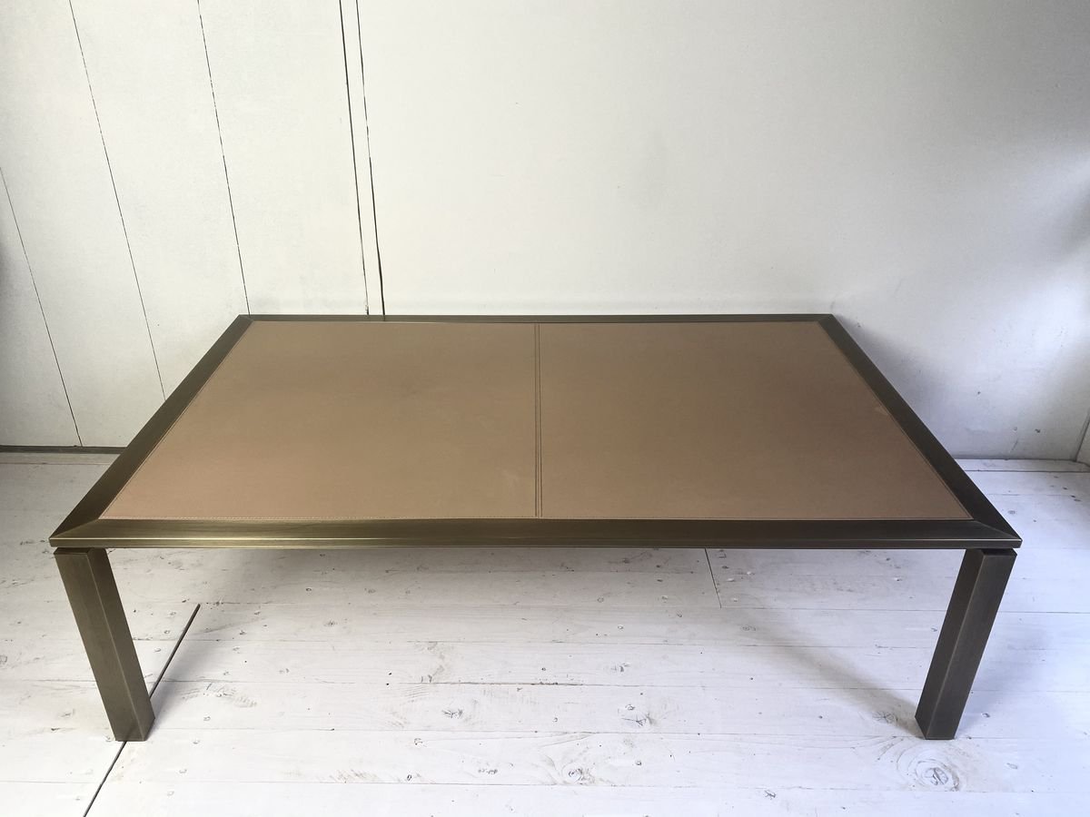 Brass and Leather Coffee Table from Solmet, Italy, 1980s for sale at Pamono
