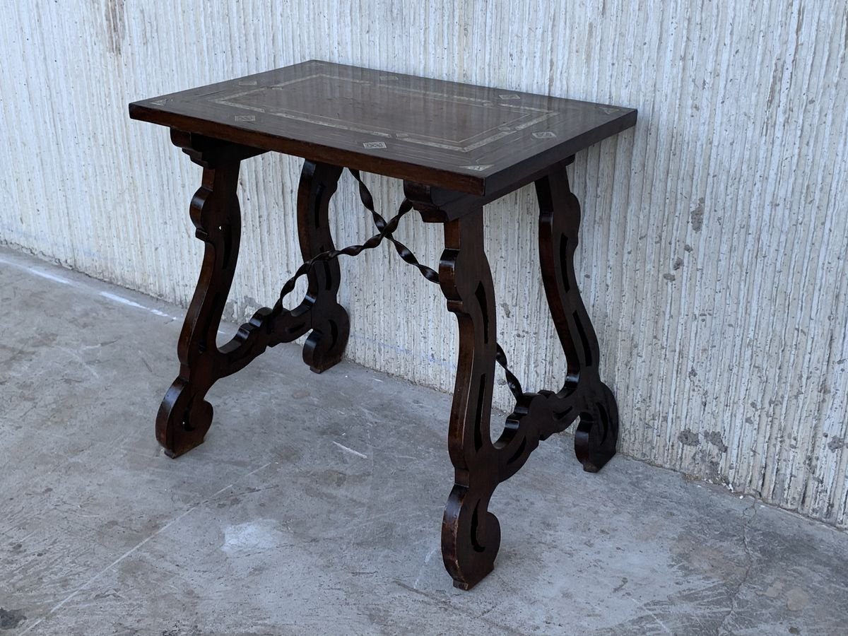 19th Century Spanish Side Table with Marquetry Top and Lyre Carved Legs ...