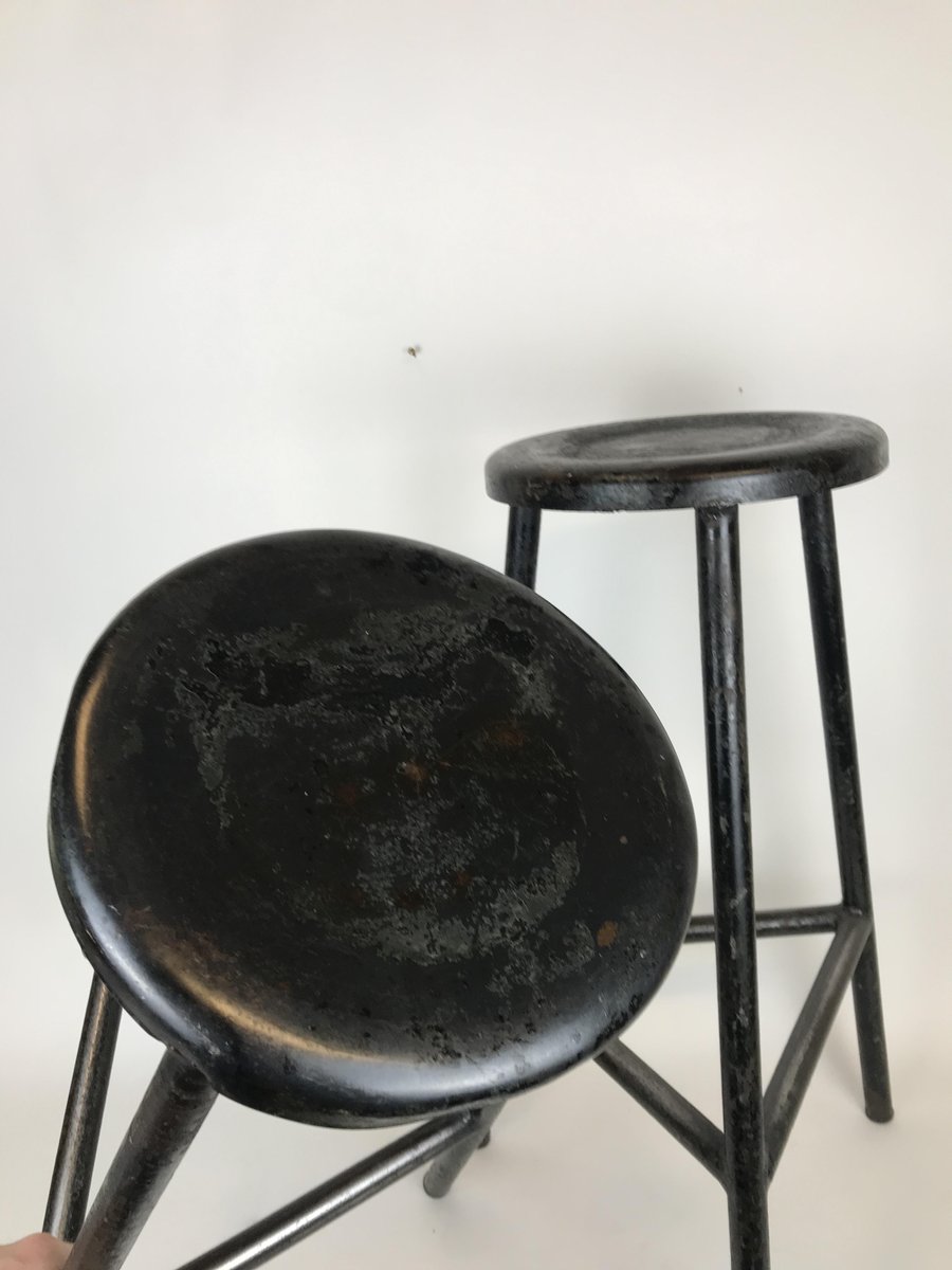 Set of Black Metal Three-Legged Bar Stools, 1960s, Italy for sale at Pamono
