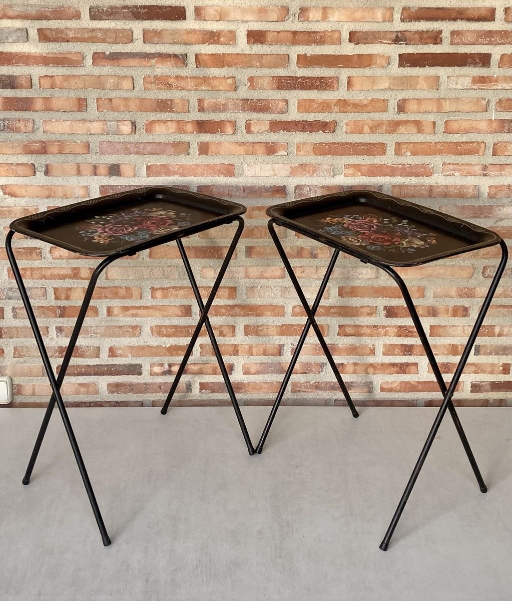 Mid-Century Black Metal Serving Trays on Folding Stand from CrestLine ...
