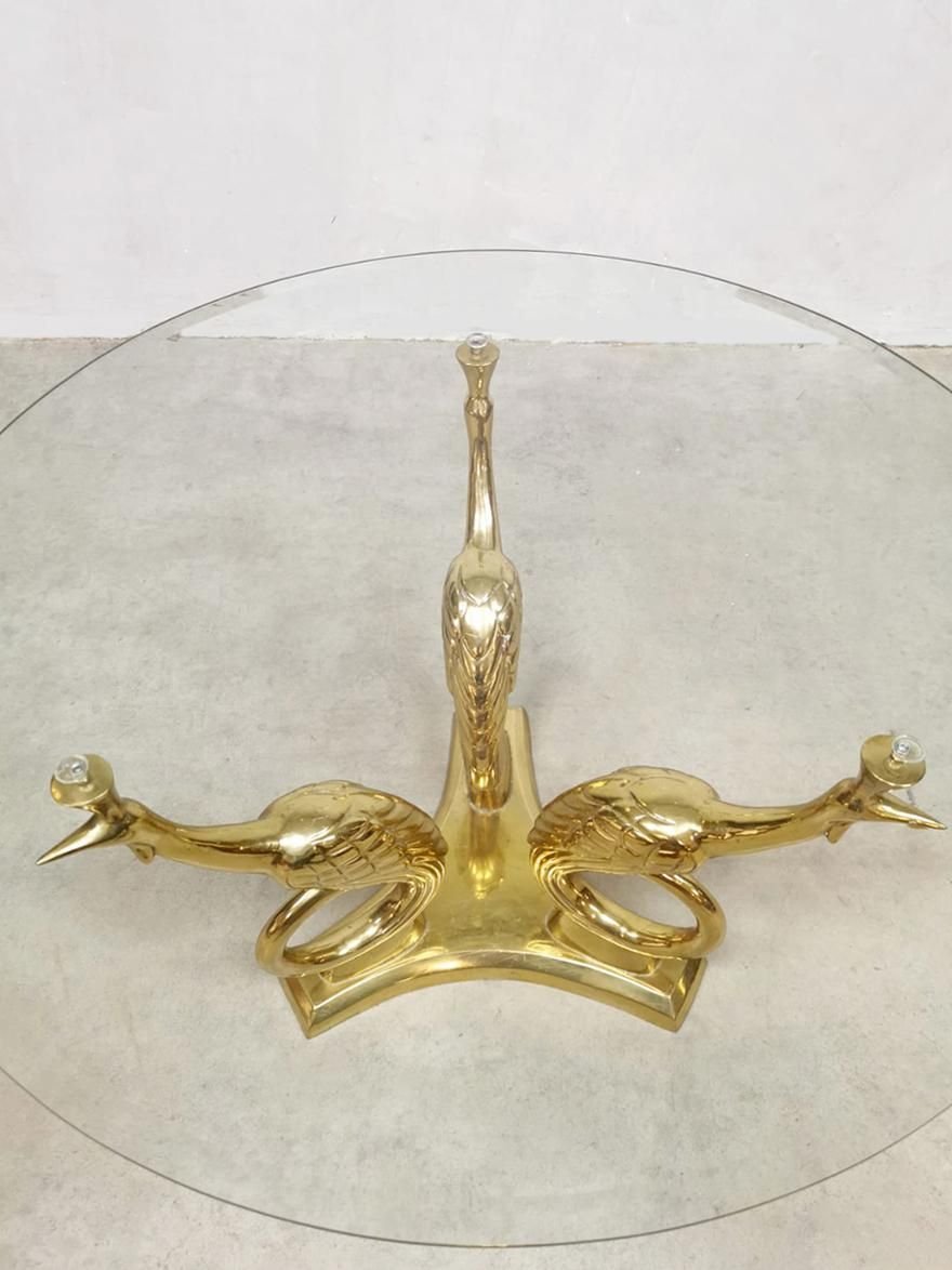 Mid-Century Brass Coffee Table with Golden Peacocks for sale at Pamono