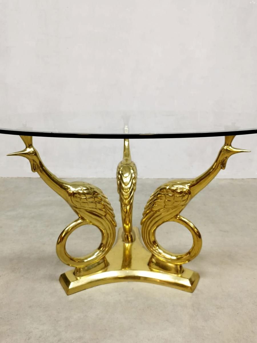Mid-Century Brass Coffee Table with Golden Peacocks for sale at Pamono