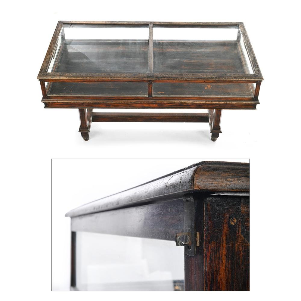 Glass Display Table in Weathered Wood for sale at Pamono