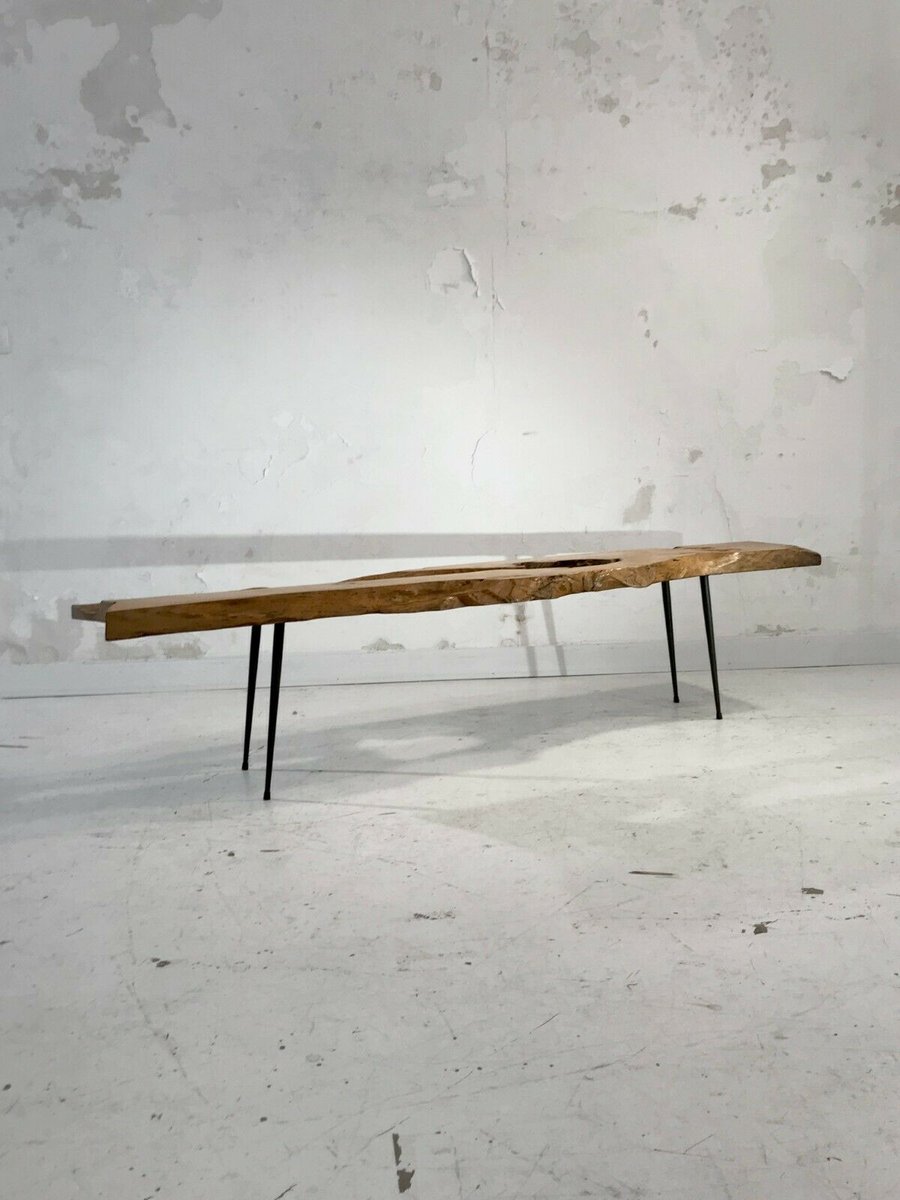 Mid-Century French Raw Wood Coffee or Side Table on Compass Legs, 1950s ...