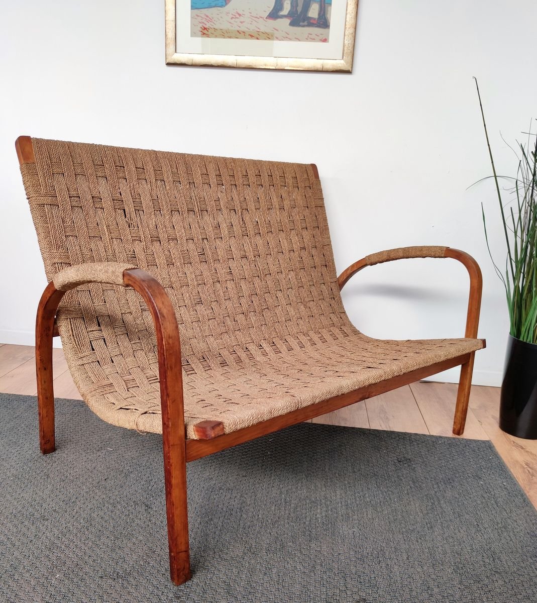 Mid-Century Italian Wood and Cord Woven Rope Bench, 1960s for sale at ...