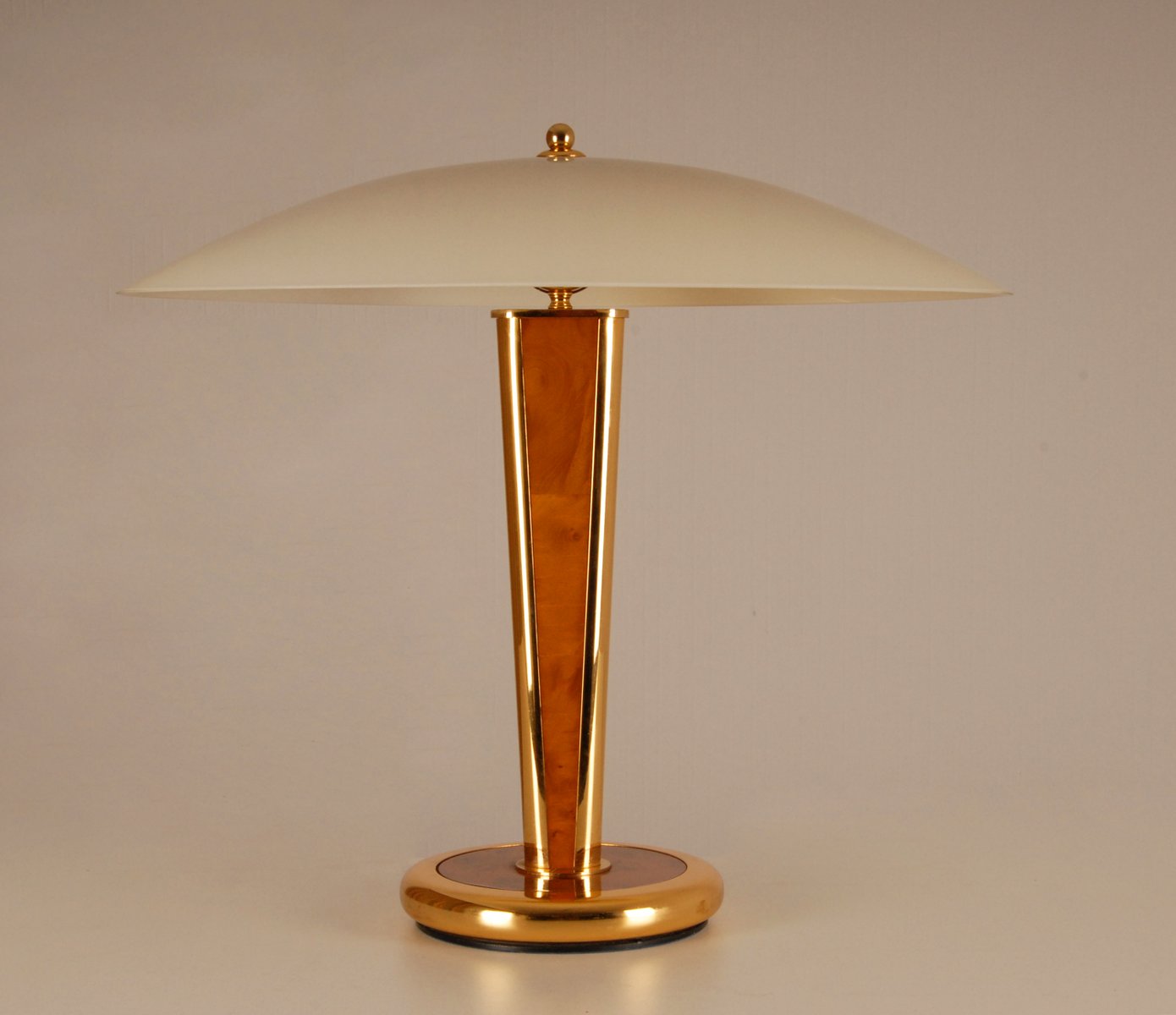 Milo Baughman Style Gilt Brass & Burl Wood Mushroom Table Lamp with ...