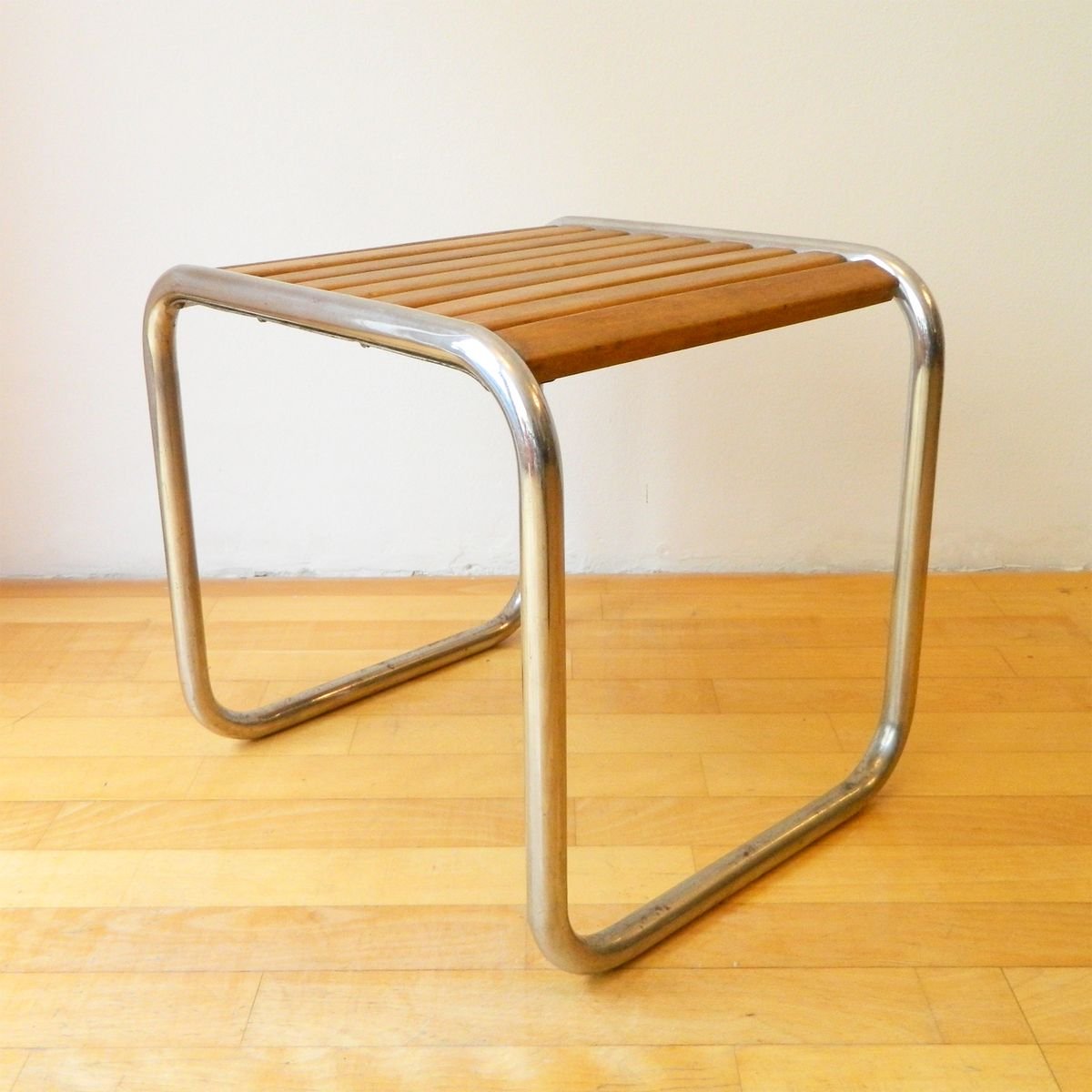 Bauhaus Style Tubular Steel Stool with Wooden Slats for sale at Pamono