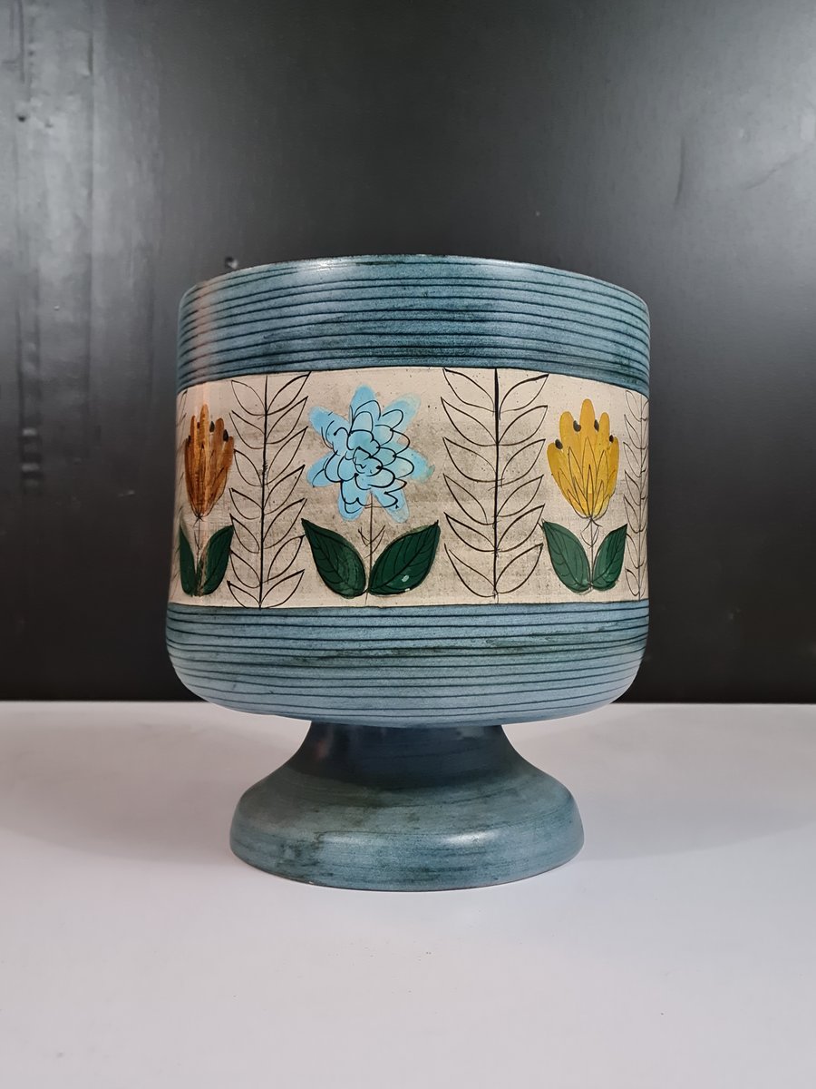 Blue Ceramic Cache Pot with Flower Design by Jean De Lespinasse, 1960s ...