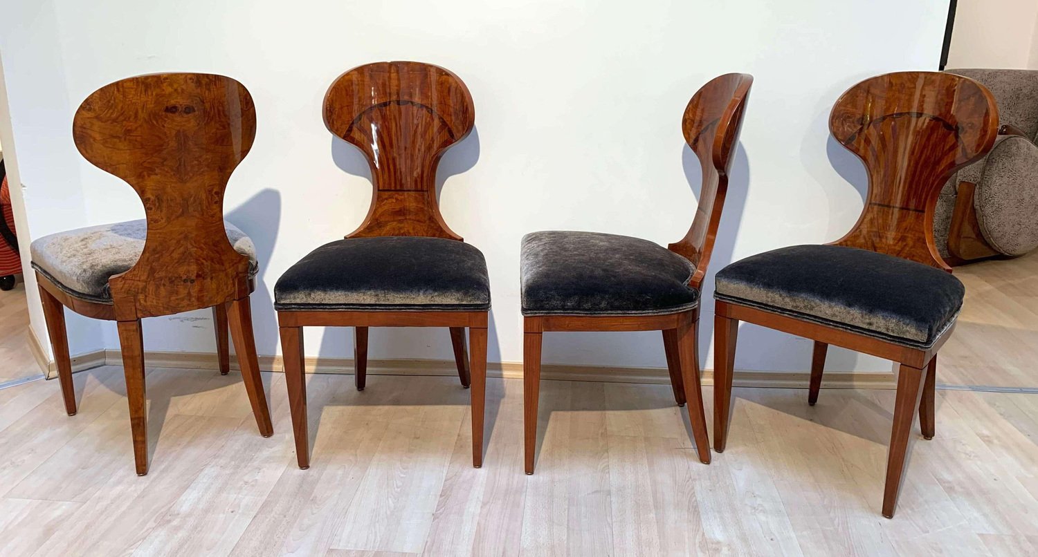 Set of 4 Biedermeier Ballon Chairs, Ash Veneer, Grey Velvet, Vienna ...