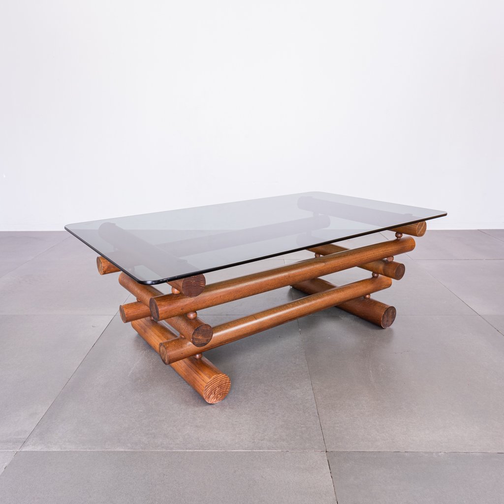 Wooden Coffee Table with Glass Smoke Design, 1970s for sale at Pamono