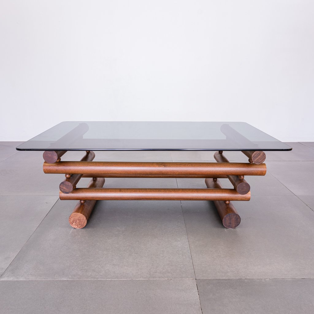 Wooden Coffee Table with Glass Smoke Design, 1970s for sale at Pamono