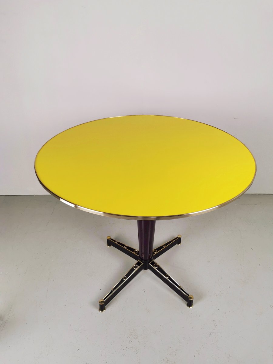Yellow Lacquered Round Table with Brass Edge, 1950s for sale at Pamono