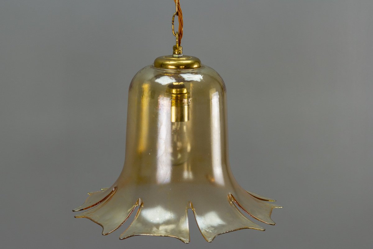 Vintage Bell-Shaped Glass and Brass Pendant Lamp for sale at Pamono