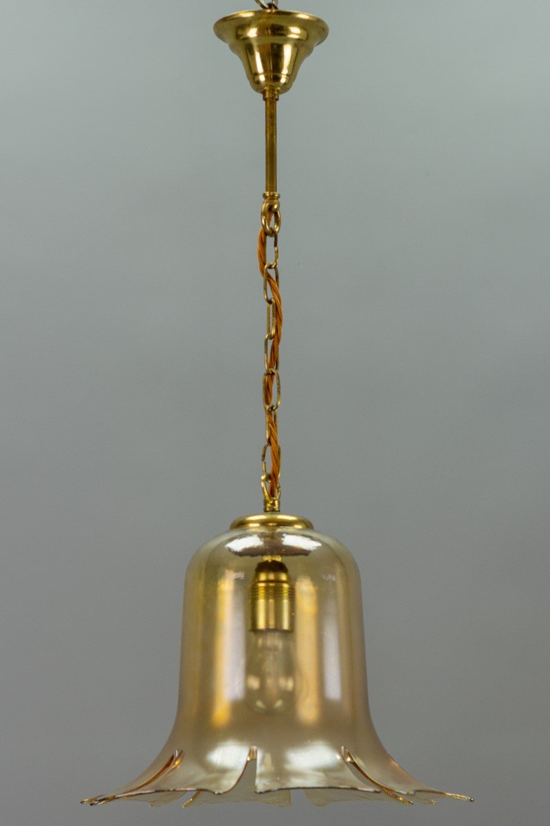 Vintage Bell-Shaped Glass and Brass Pendant Lamp for sale at Pamono