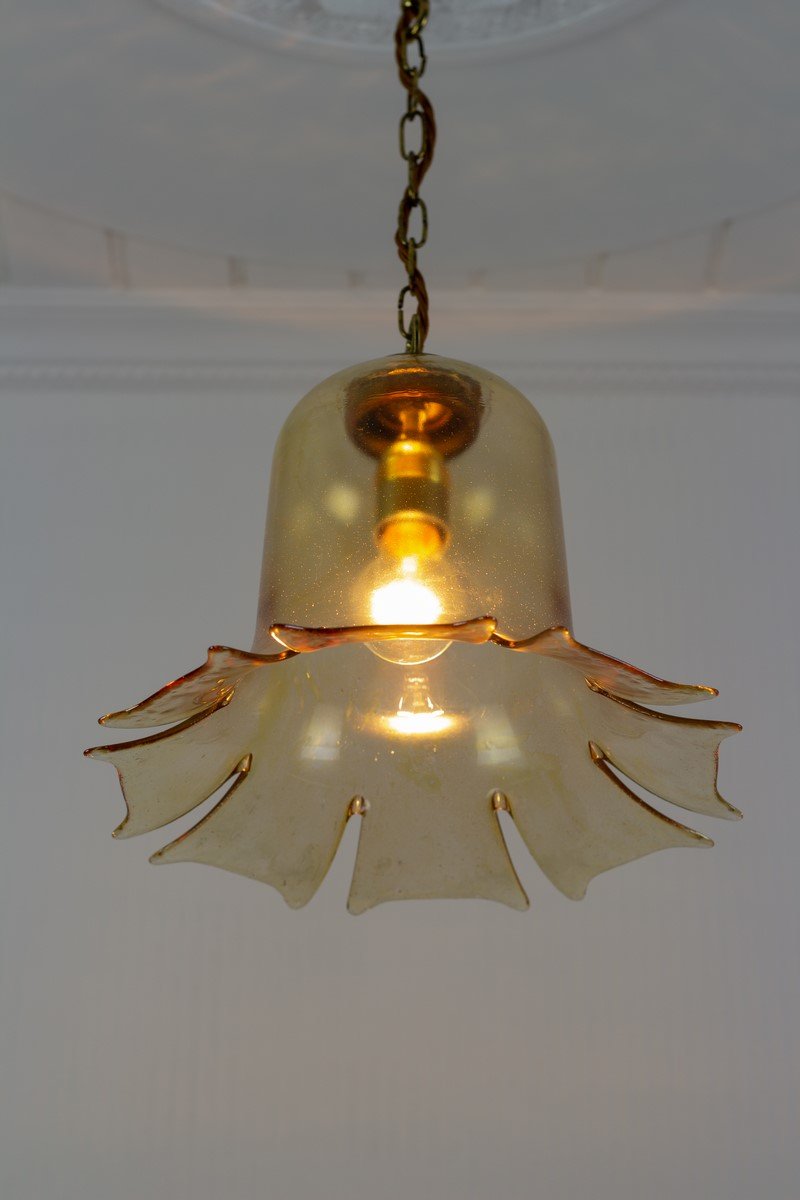 Vintage Bell-Shaped Glass and Brass Pendant Lamp for sale at Pamono