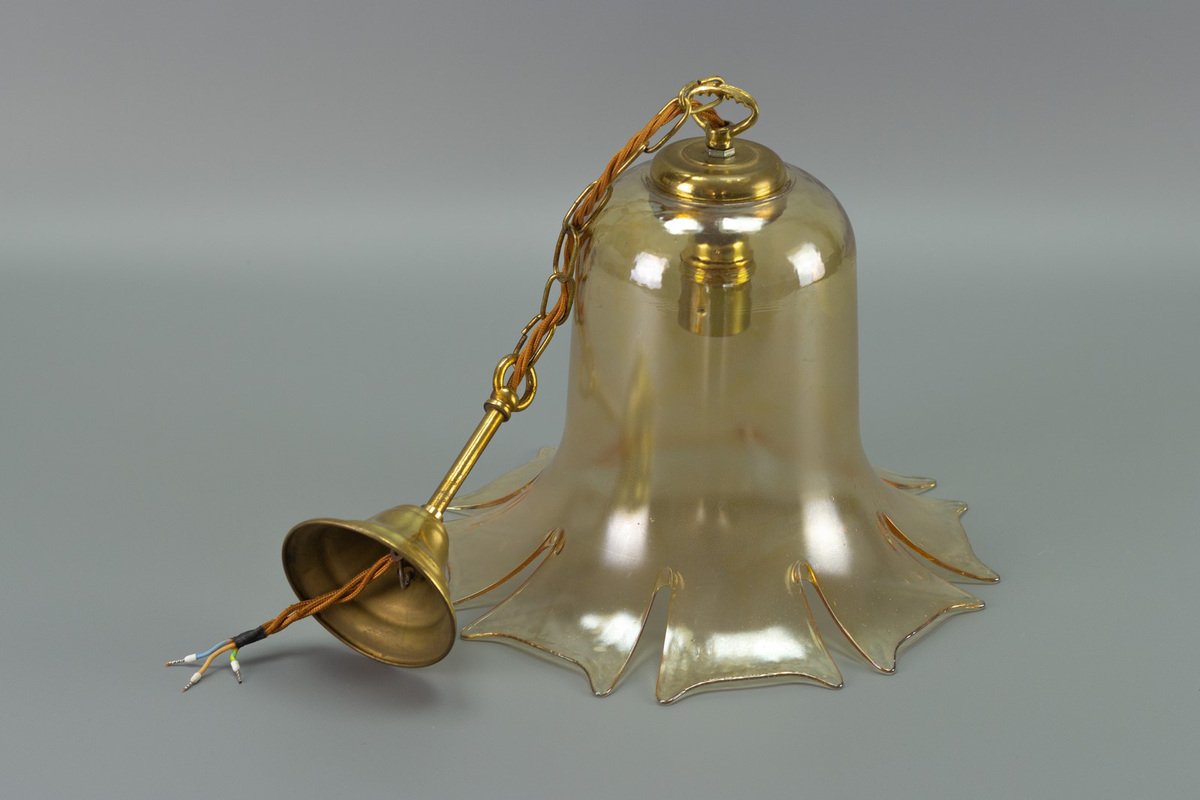 Vintage Bell-Shaped Glass and Brass Pendant Lamp for sale at Pamono