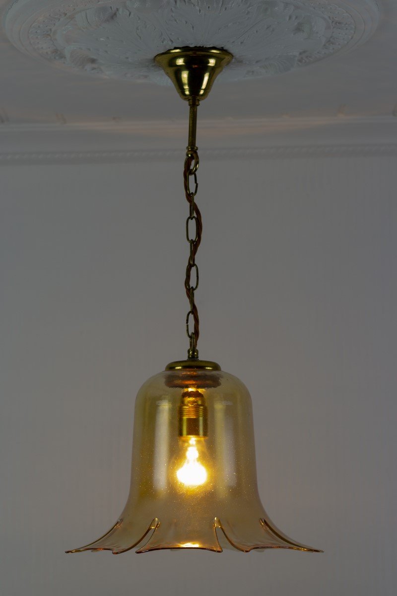 Vintage Bell-Shaped Glass and Brass Pendant Lamp for sale at Pamono