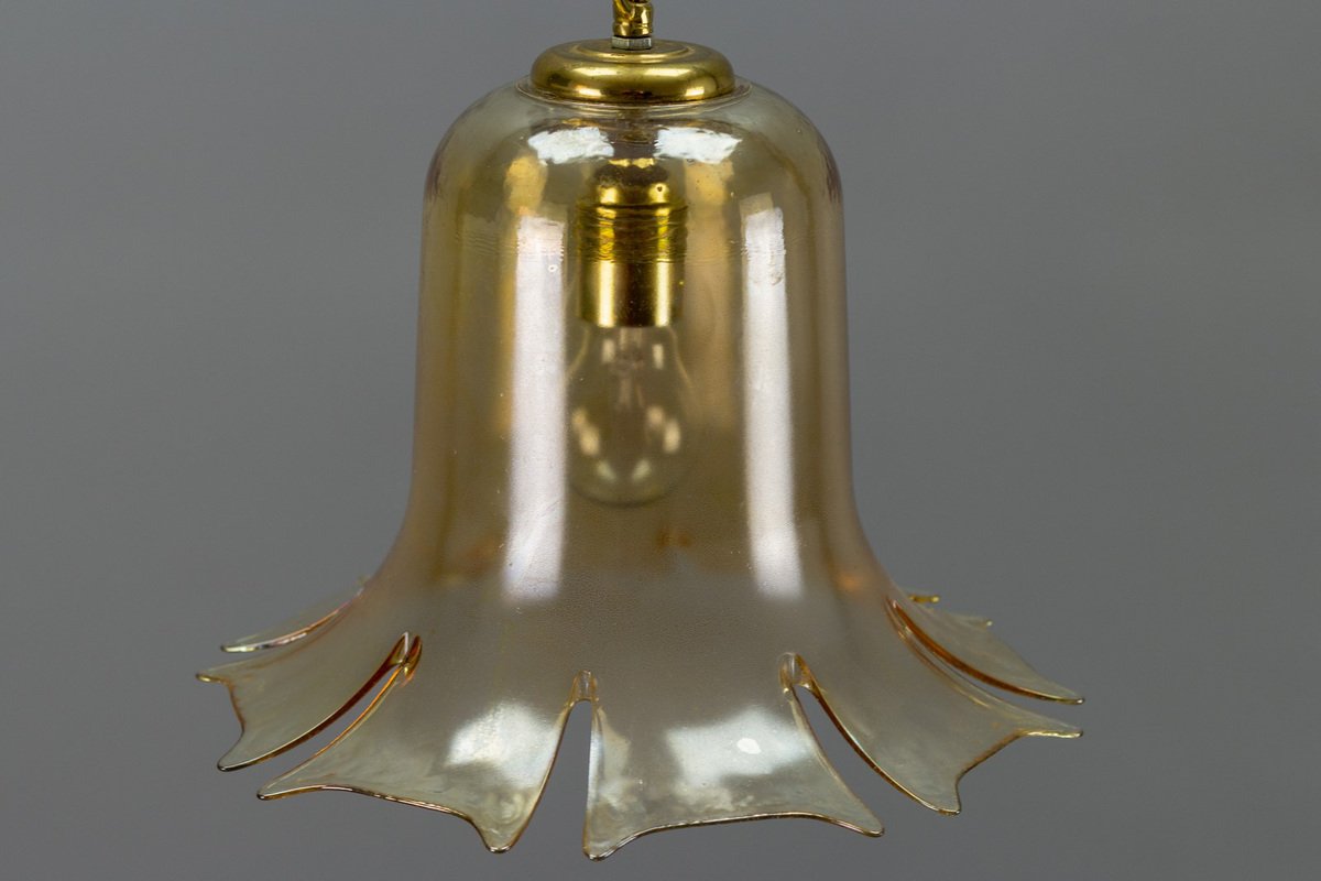 Vintage Bell-Shaped Glass and Brass Pendant Lamp for sale at Pamono