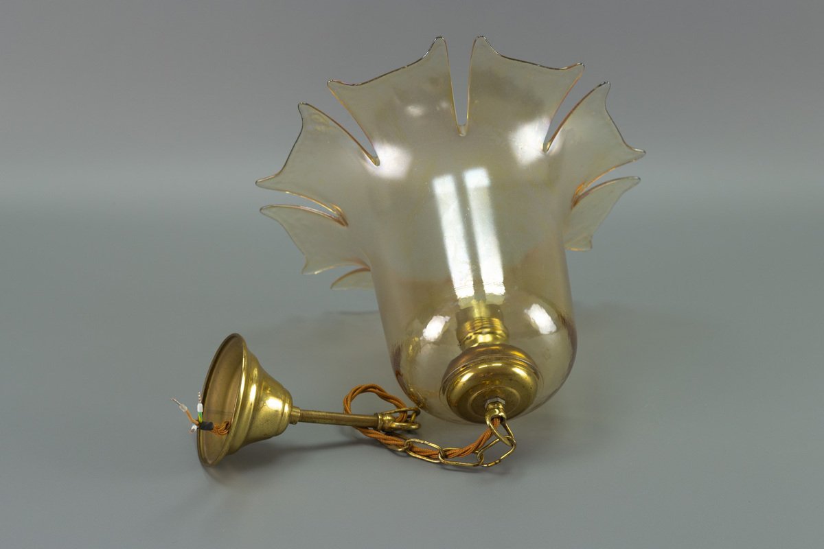 Vintage Bell-Shaped Glass and Brass Pendant Lamp for sale at Pamono