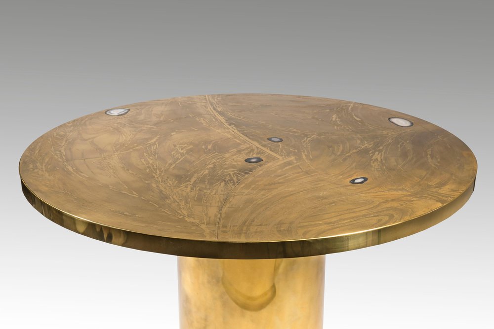 Round Etched Brass Dining Table with Inlay in Agates from VDL, 1980s ...