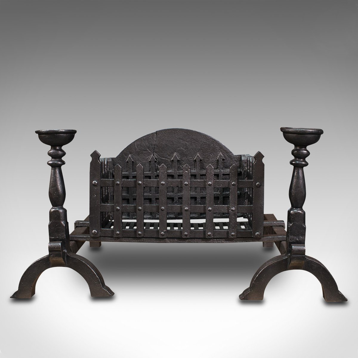Vintage English Medieval Revival Fireplace Set with Fire Basket & Grate ...