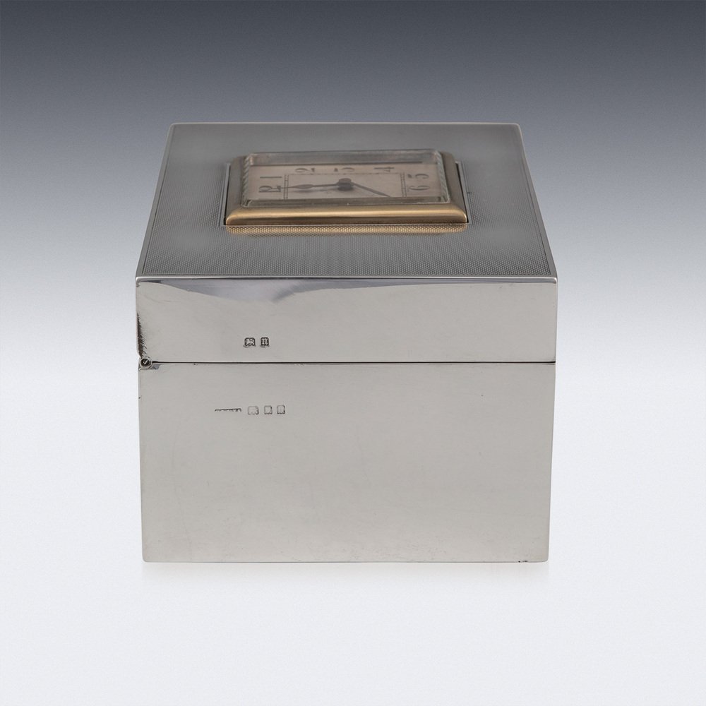 20th Century English Art Deco Solid Silver Cigarette Box with Clock ...