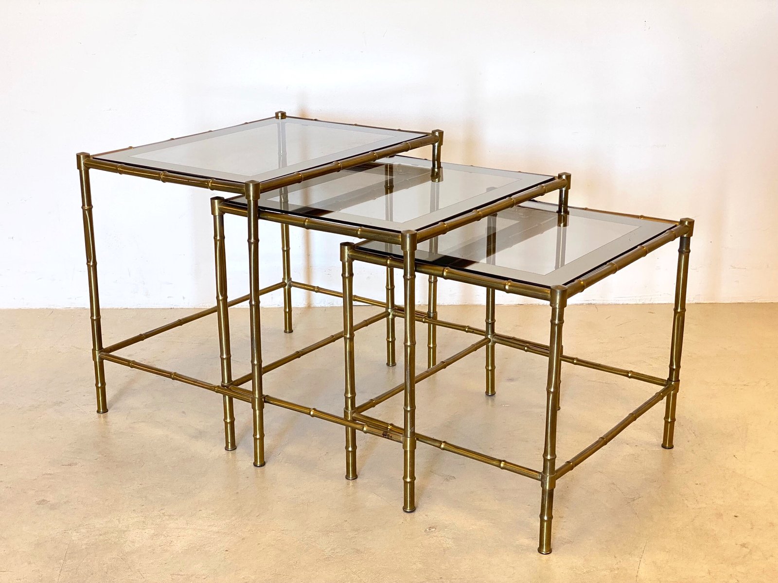 Triptych of Brass Tables in Faux Bamboo, 1970s, Set of 3 for sale at Pamono