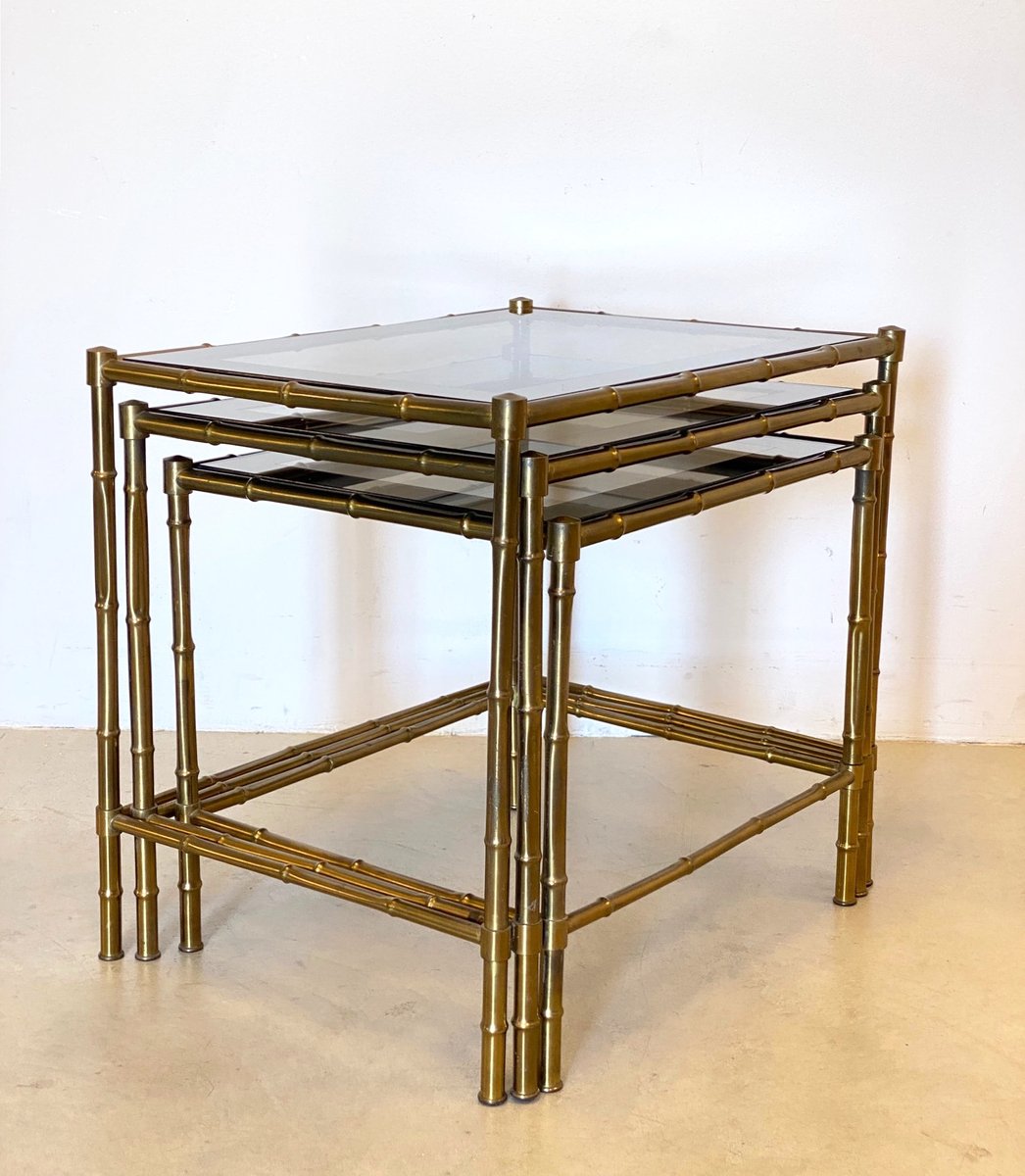 Triptych of Brass Tables in Faux Bamboo, 1970s, Set of 3 for sale at Pamono