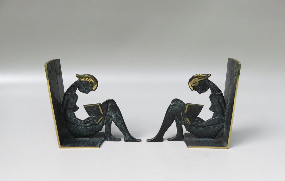 Reading Girl Bookends in Brass with Black-Green Patina, 1950s, Set of 2 ...