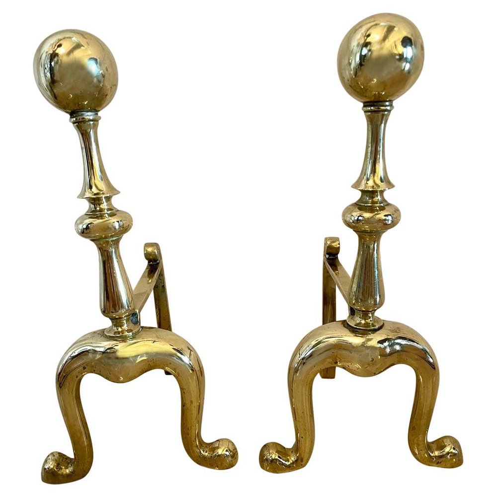 Antique Victorian Brass Fire Dogs, Set of 2 for sale at Pamono