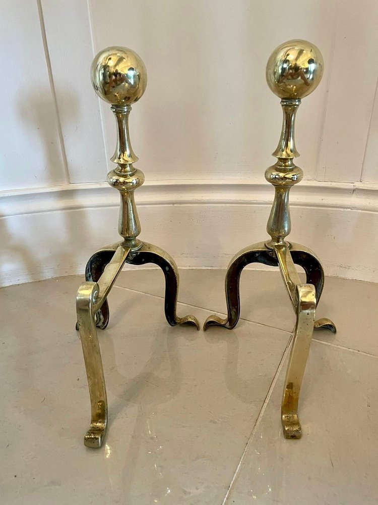 Antique Victorian Brass Fire Dogs, Set of 2 for sale at Pamono