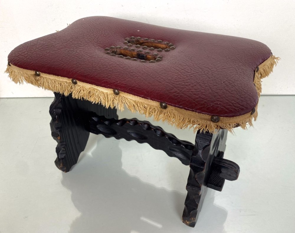 Spanish Renaissance Red Faux-Leather Footstool for sale at Pamono