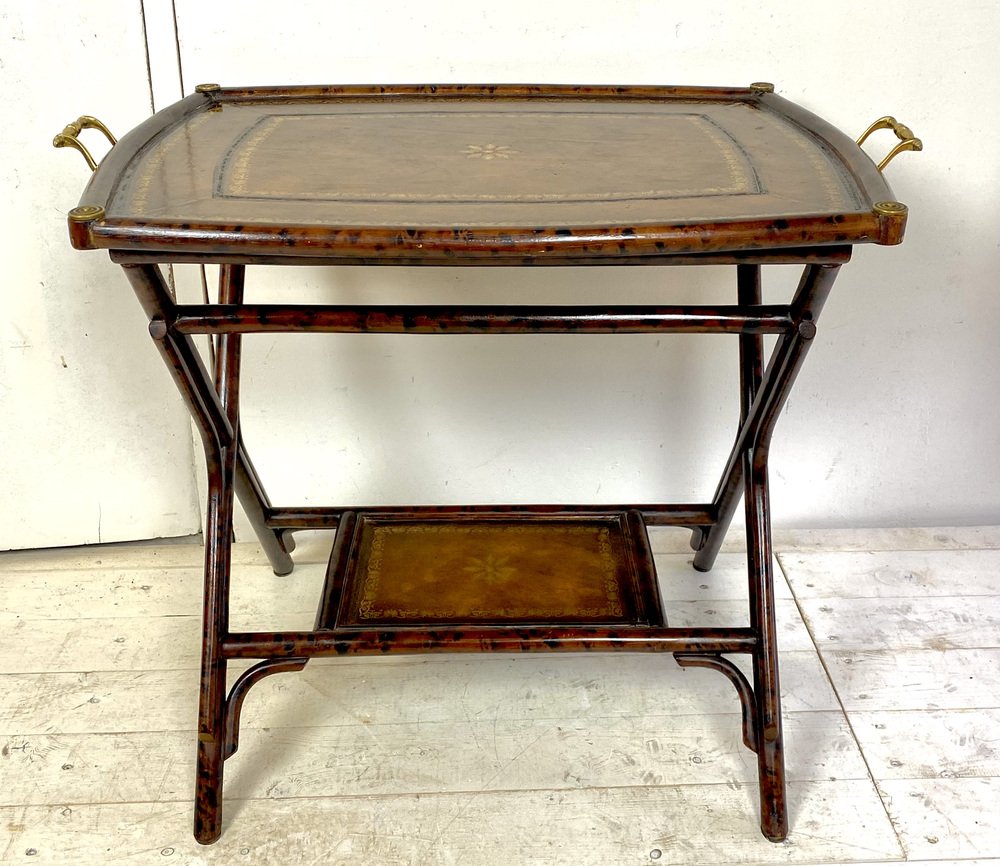 Antique Bamboo Leg Butler Table with Leather Print Tray for sale at Pamono