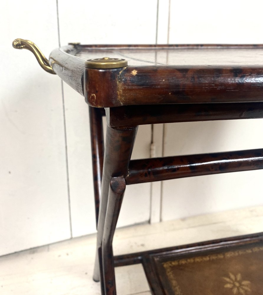 Antique Bamboo Leg Butler Table with Leather Print Tray for sale at Pamono