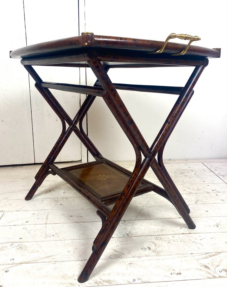 Antique Bamboo Leg Butler Table with Leather Print Tray for sale at Pamono
